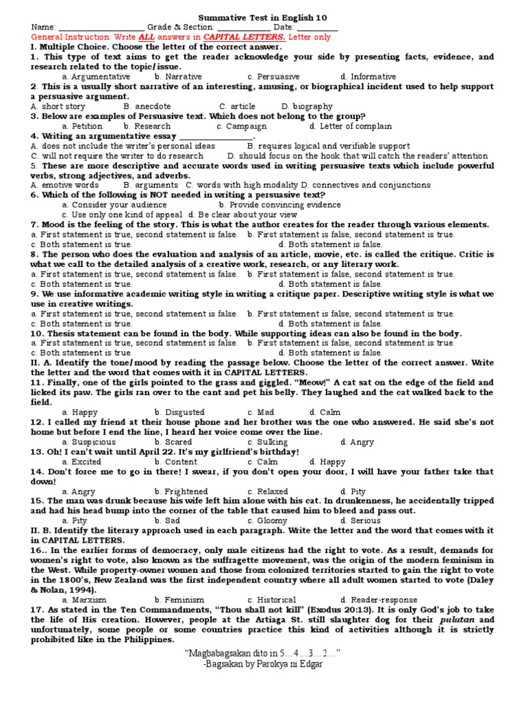 English 10 Quarter 2 Summative Test | PDF | Argument | Narrative