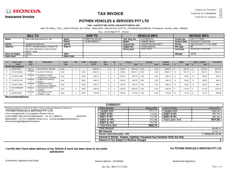 Tax Invoice: Insurance Invoice Pothen Vehicles & Services PVT LTD | PDF ...