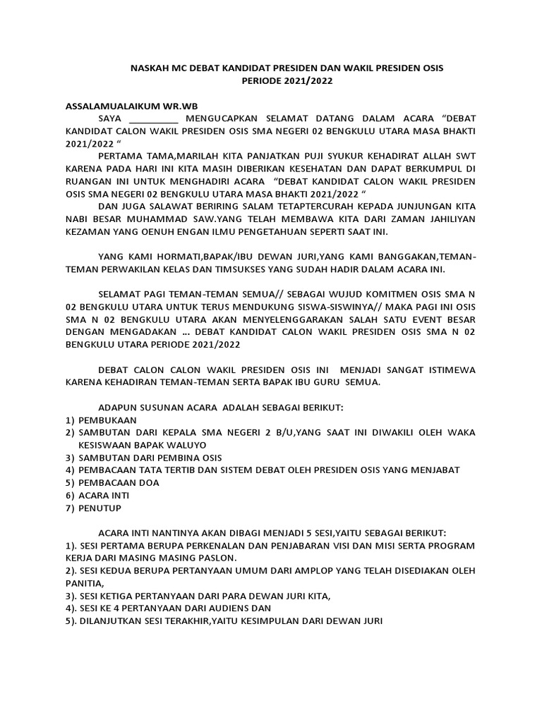 Naskah MC Debat Kandidat Presiden Dan Wakil Presiden Osis | PDF