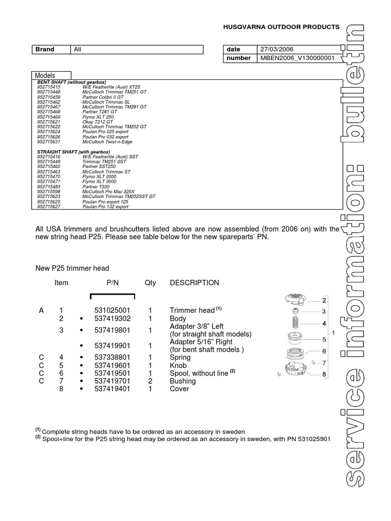 McCulloch TM251 SST+ Head Spec | PDF | Farming Tools