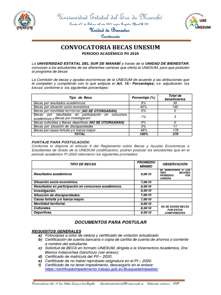 Convocatoria Becas Unesum Período Académico Pii 2020 | PDF