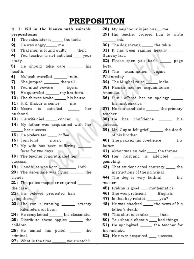 225) (Prepositions) (ENGLISH) Preposition Assignment 1 NA | PDF