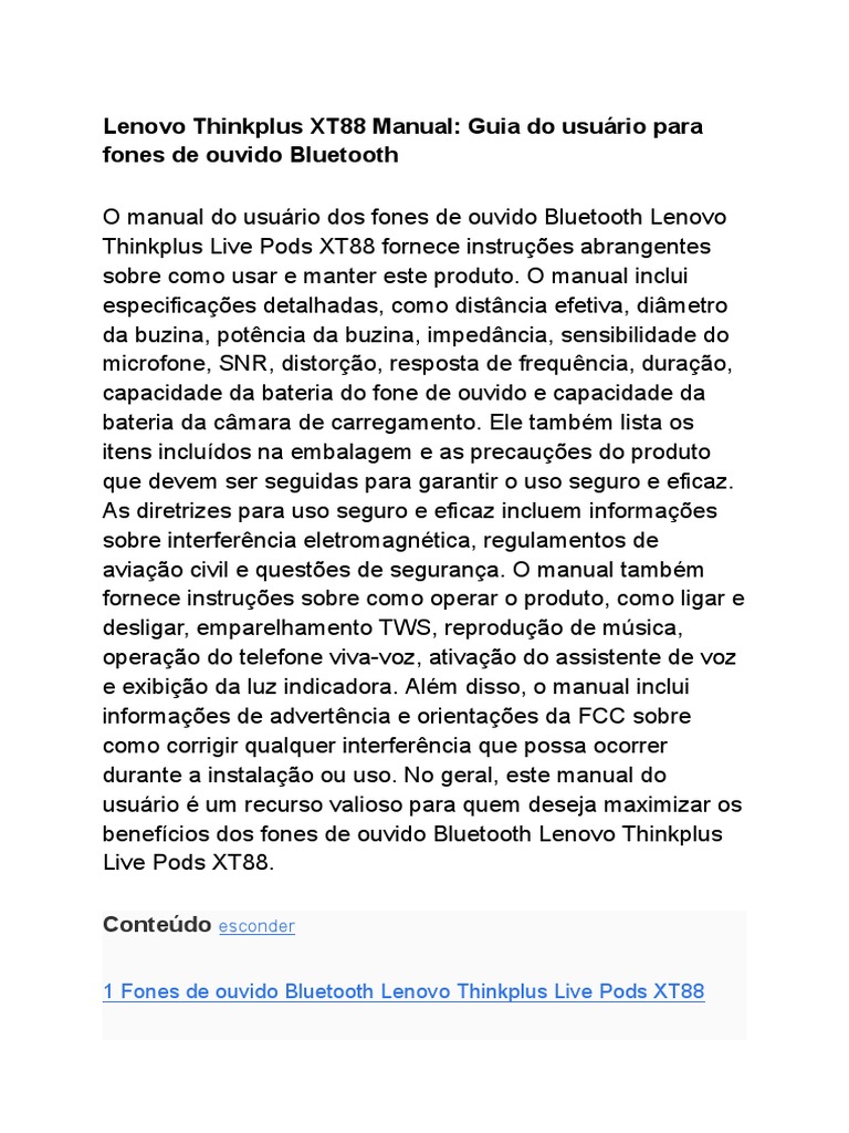 Manual THINKPLUS XT 88 em Português | PDF