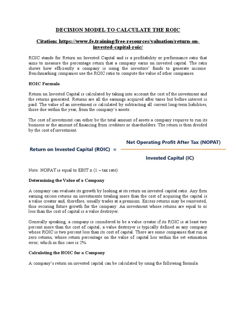 2 Roic Based Decision Model Pdf