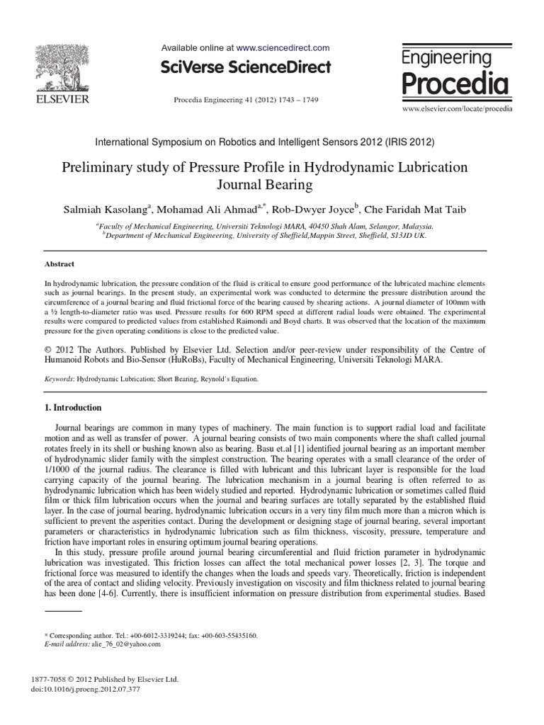 Preliminary Study of Pressure Profile in Hydrodynamic Lubrication ... Preliminary Study of Pressure Profile in Hydrodynamic Lubrication ...