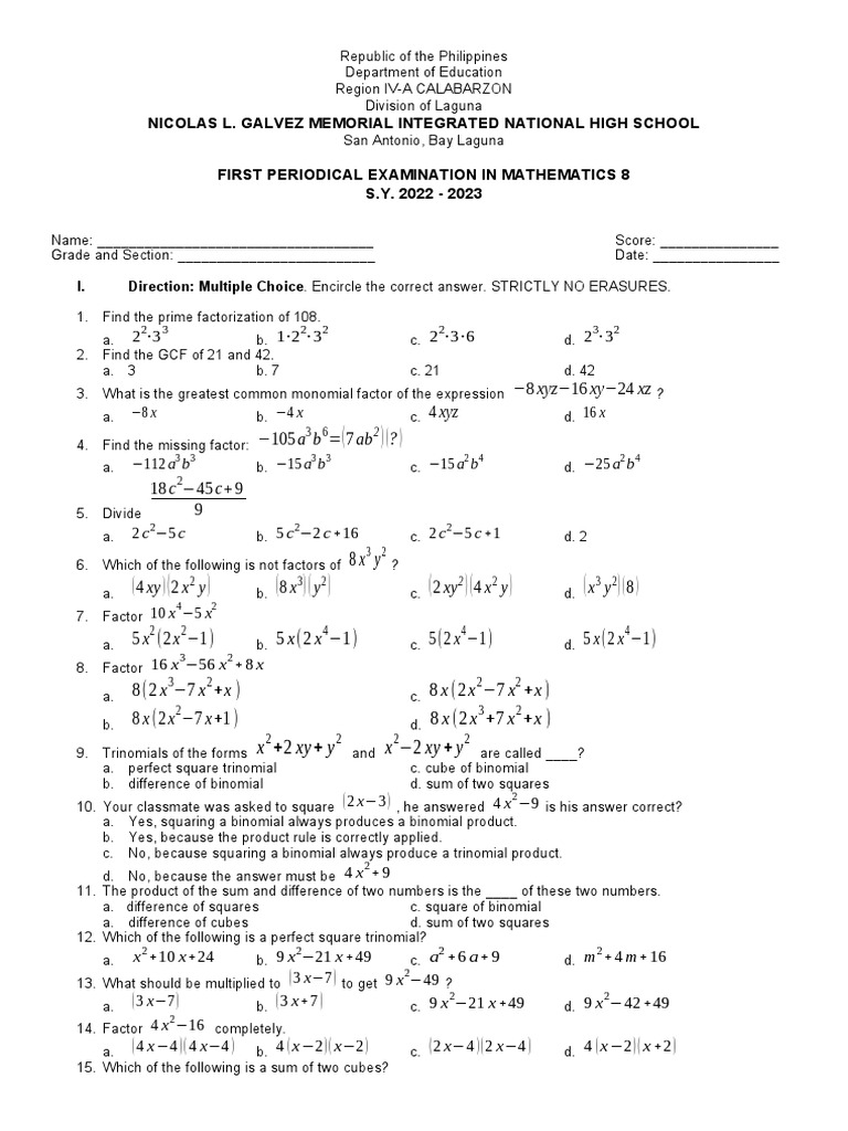 1ST Math 8 Periodical Test | PDF | Arithmetic | Mathematical Concepts