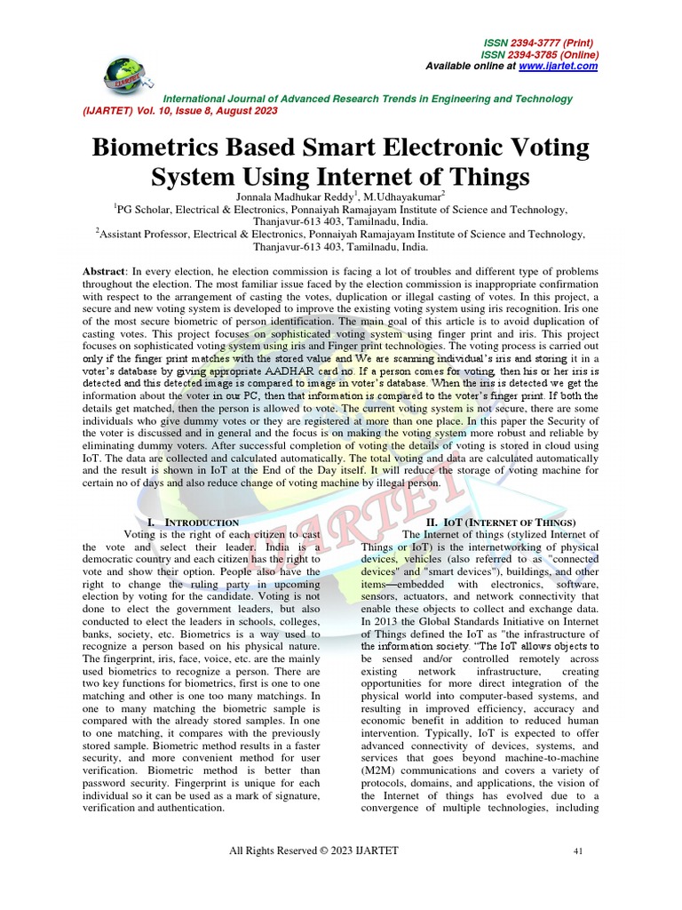 Biometrics Based Smart Electronic Voting System Using Internet of Things | PDF