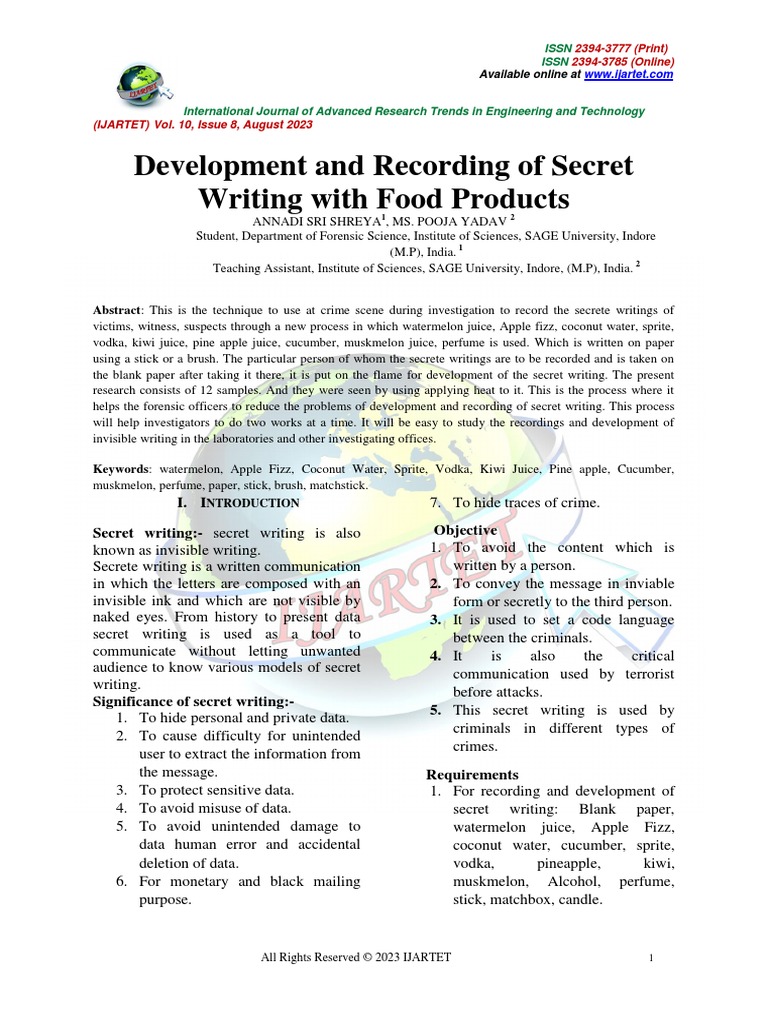 Development and Recording of Secret Writing With Food Products | PDF ...
