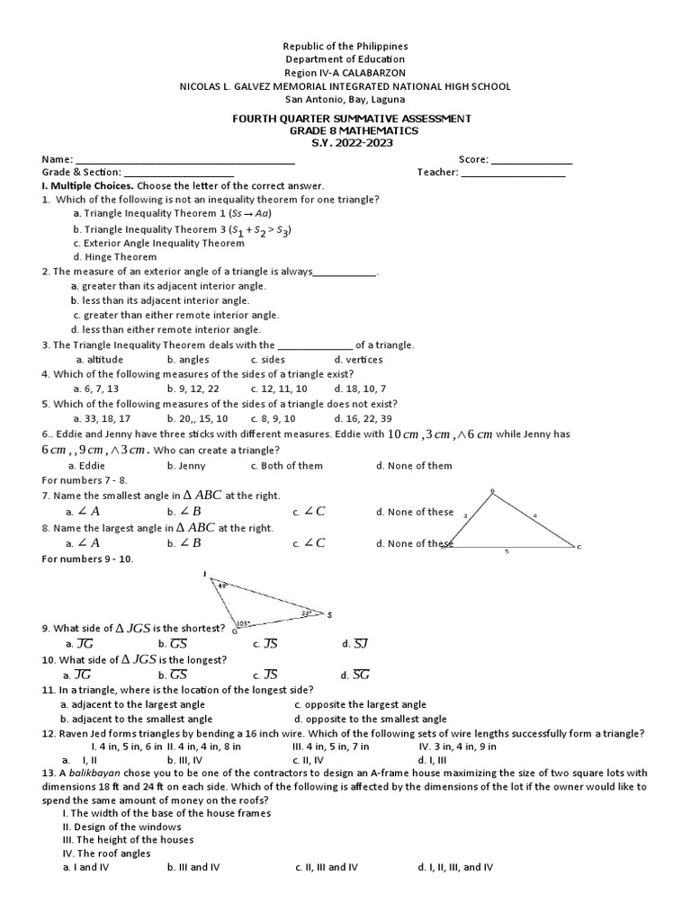 Fourth Summative Assessment | PDF | Euclidean Geometry | Elementary Geometry
