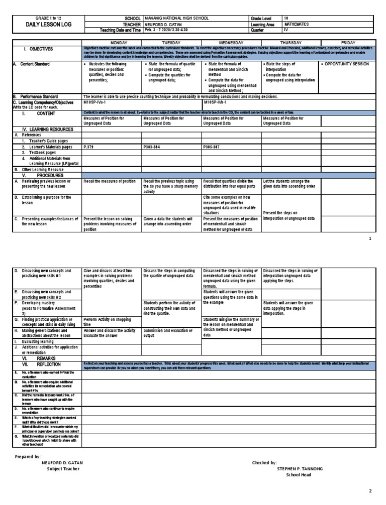 DLL Math 10sxxxx | PDF | Learning | Teachers