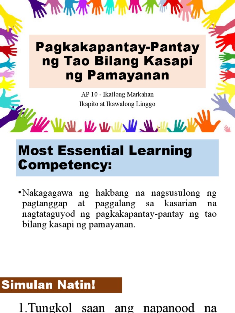 AP 10 Q3_Wk7-8 - Pagkakapantay-Pantay ng Tao Bilang Kasapi ng Pamayanan | PDF