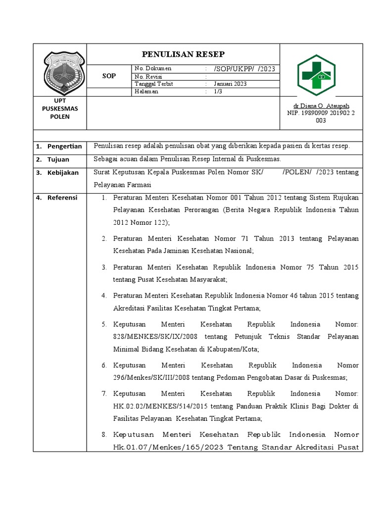 Contoh Sop Penulisan Resep PKM | PDF