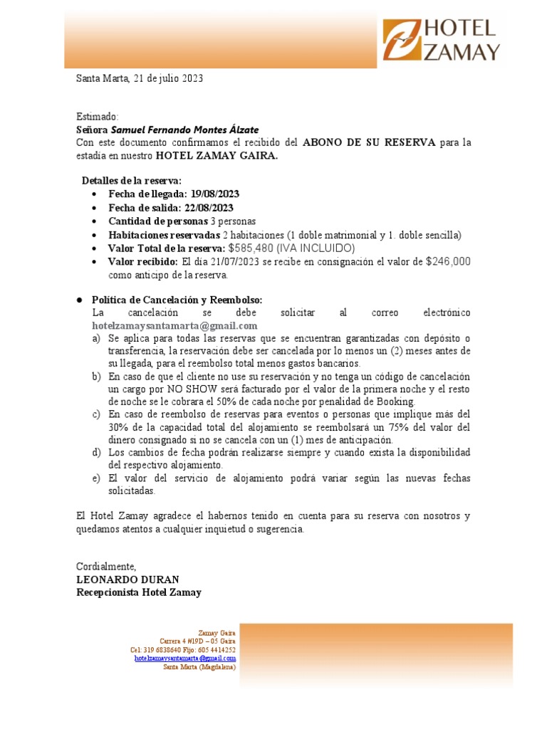 Carta Confirmacion Reserva Sra Samuel Montes Alzate | PDF