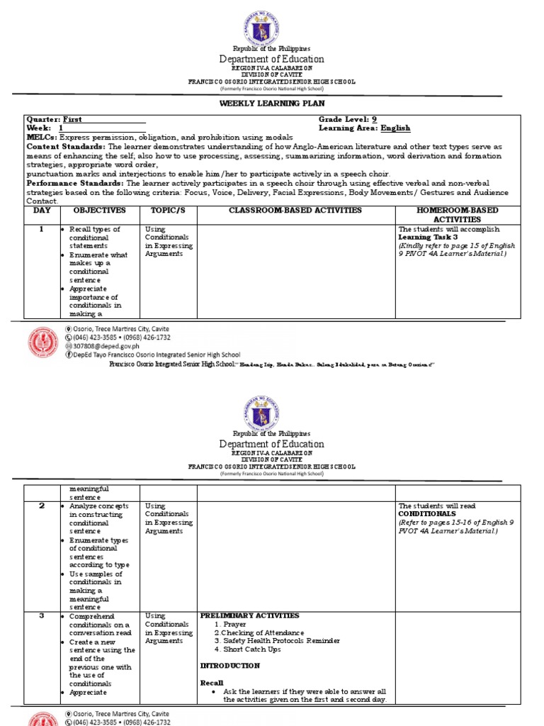 ENG 9 - WLP - Week 3 (Sept.19-23) | PDF
