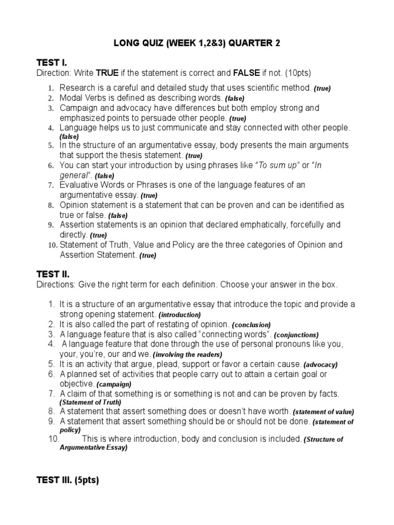 Long Quiz: Argumentative Essay Concepts | PDF | Essays | Truth