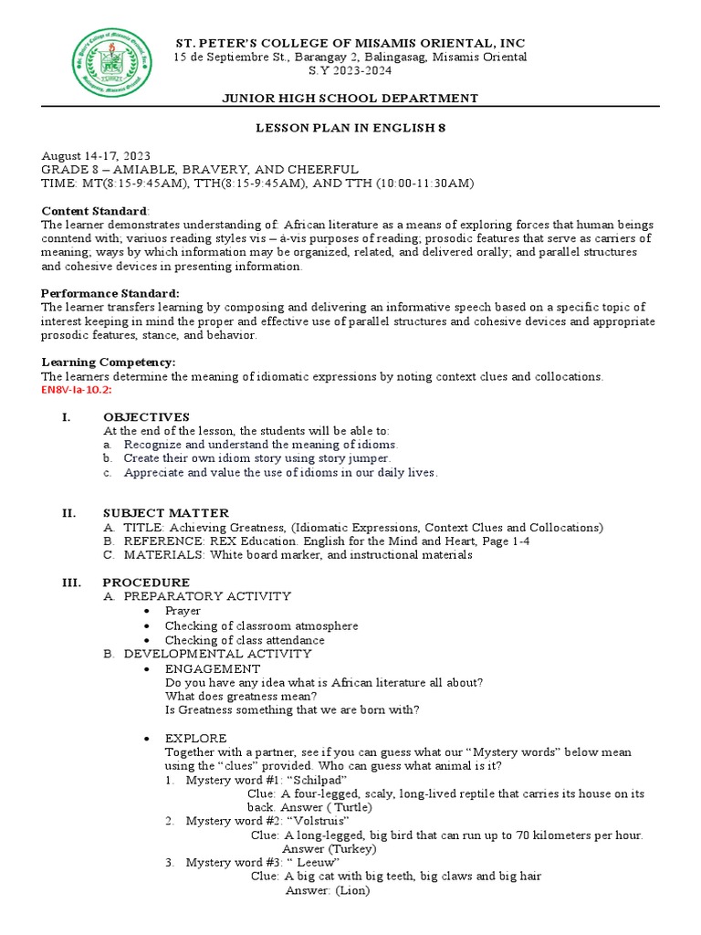 English Lesson Plan - Week 1 | PDF