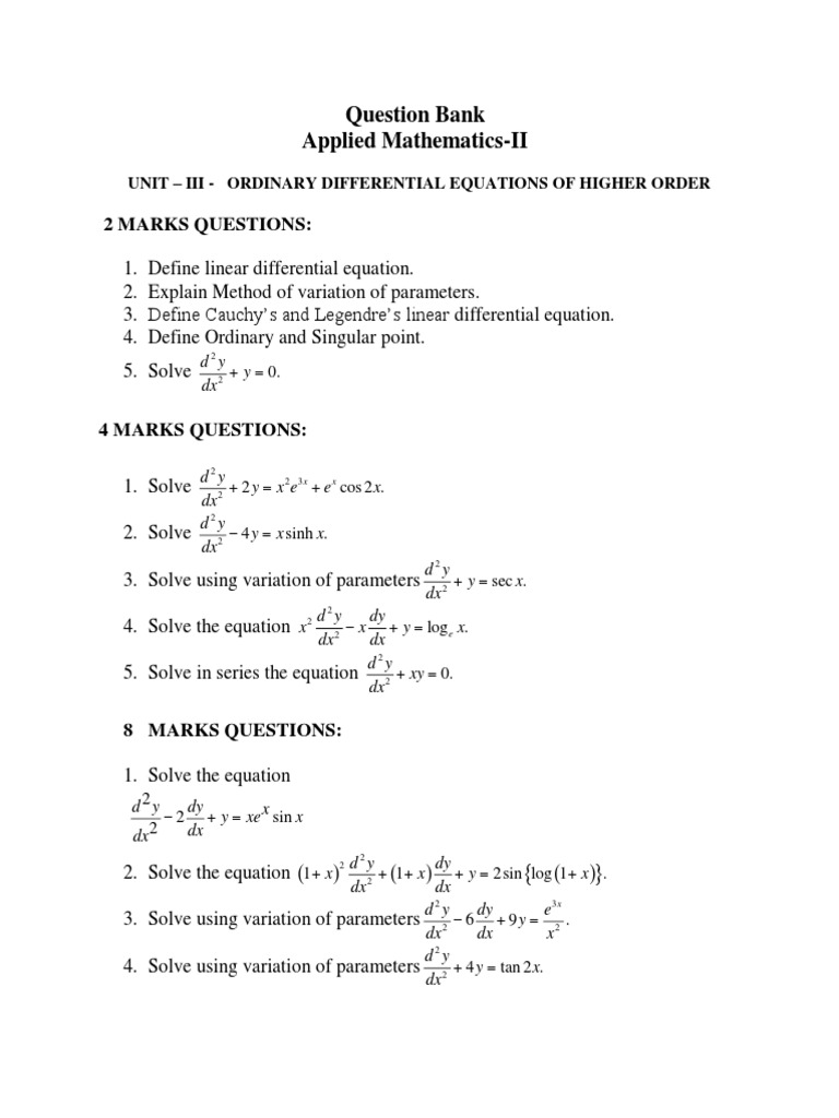Higher Order Differential Equations Questions | PDF