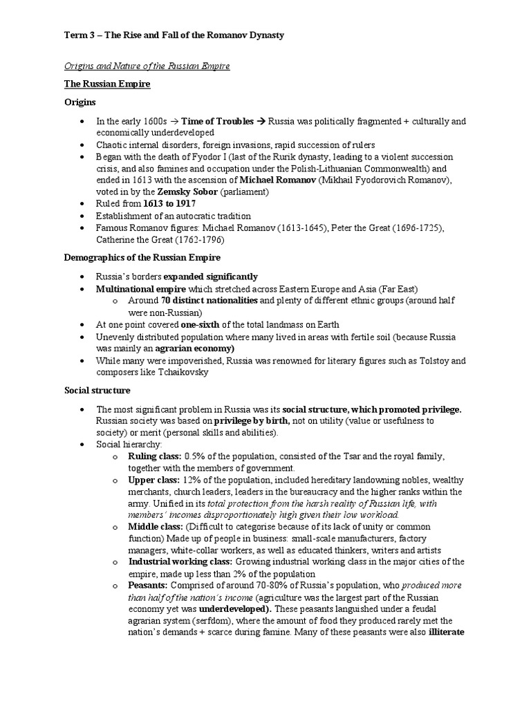 Modern History Notes - Romanov | PDF | Bolsheviks | Russian Empire