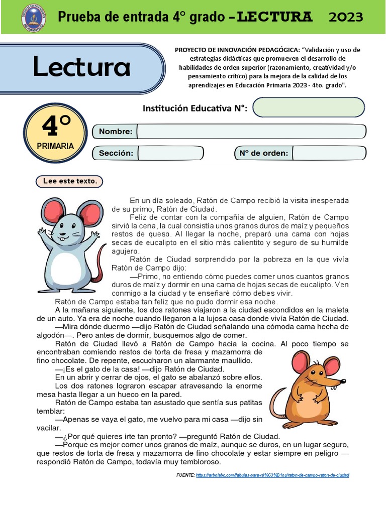 Prueba de Entrada LECTURA 4° - 2023 | PDF