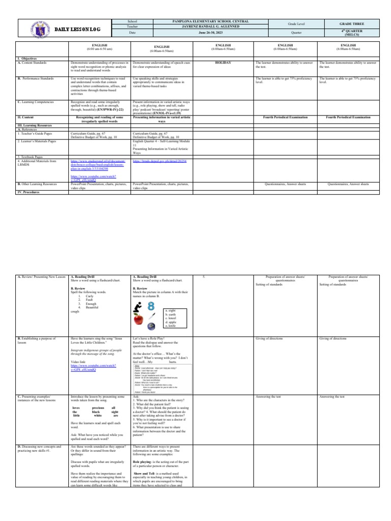Grade 3 English Lesson Plan Overview | PDF