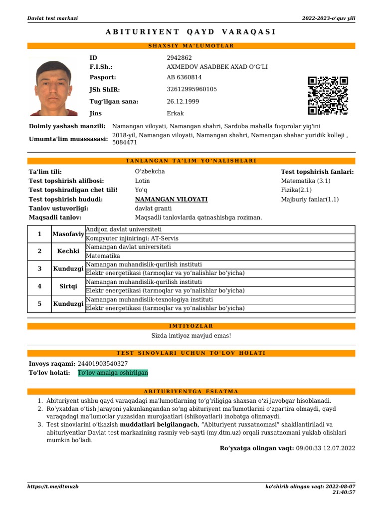 Axmedov Asadbek Axad o G Li Qayd Varaqa | PDF