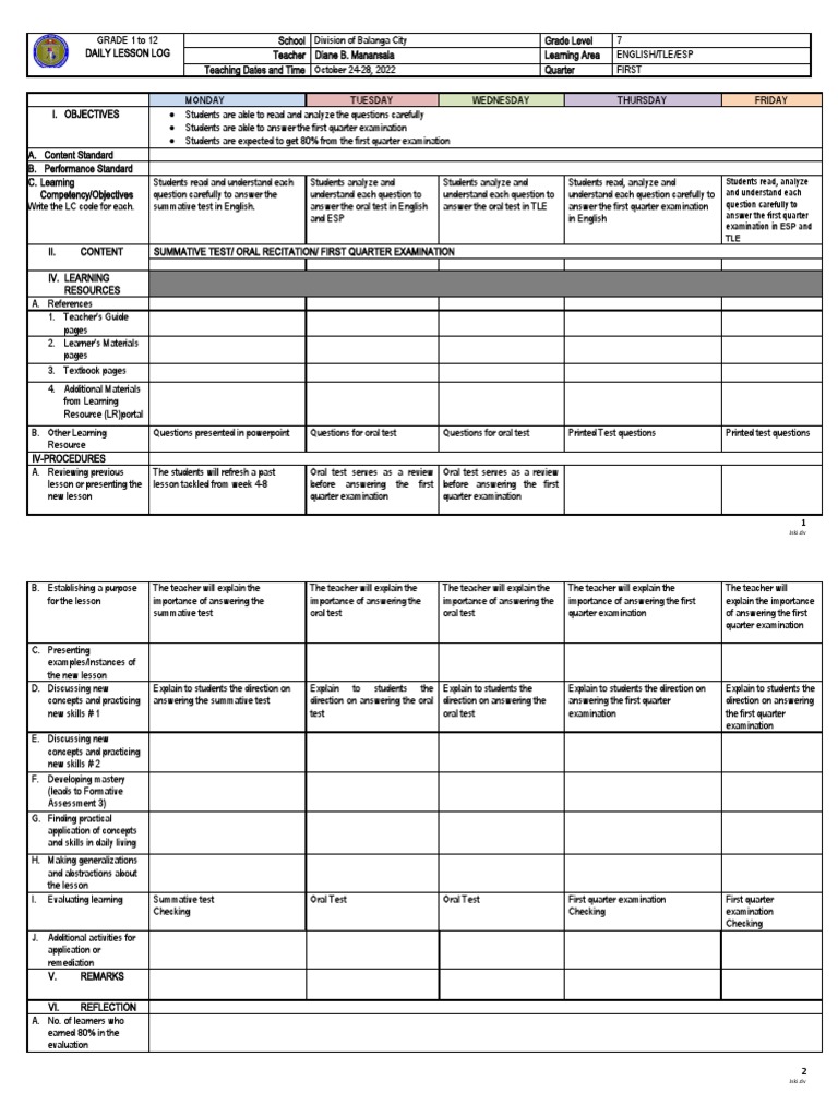 Dll-First Quarter Exam | PDF