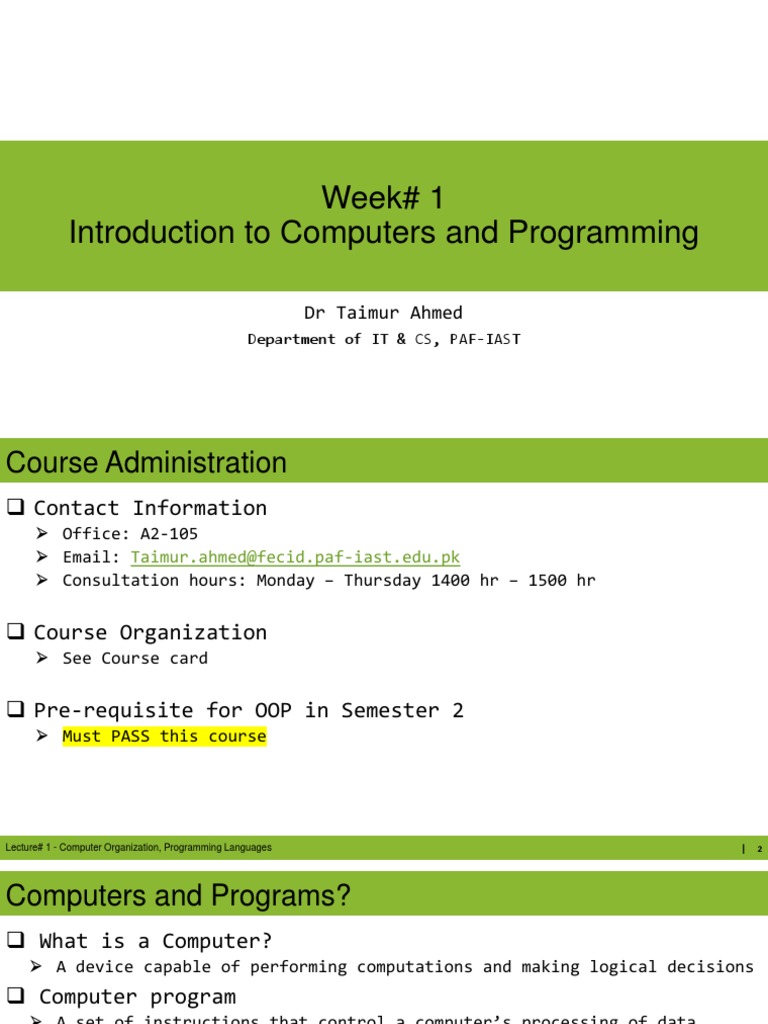 Week 1 - Lecture 1 - Computer Organization and Prog Languages | PDF | Career & Growth