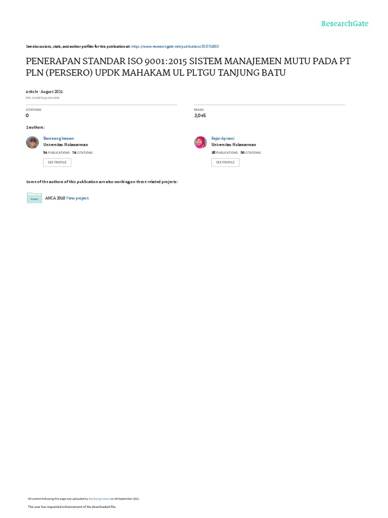 Penerapan Standar Iso 9001:2015 Sistem Manajemen Mutu Pada PT PLN (Persero) Updk Mahakam Ul ...