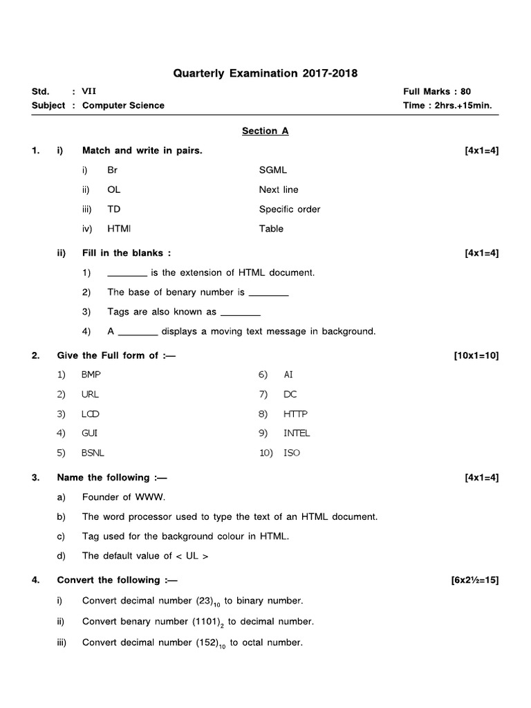 Icse Class 7 Qty Computer Science 2018 | PDF