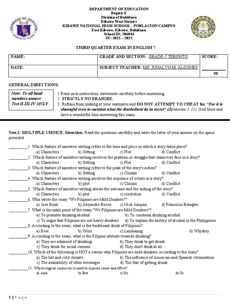 Third Quarter Exam | PDF | Alcoholic Beverages | Philippines