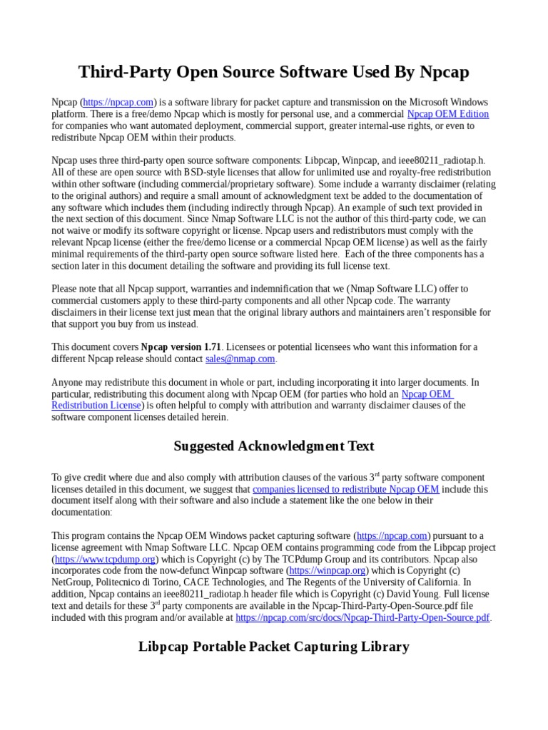 Npcap Third Party Open Source | PDF