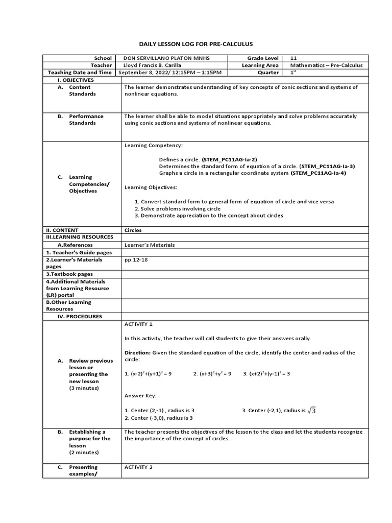 Pre-Cal DLL Week 3 | PDF | Circle | Equations
