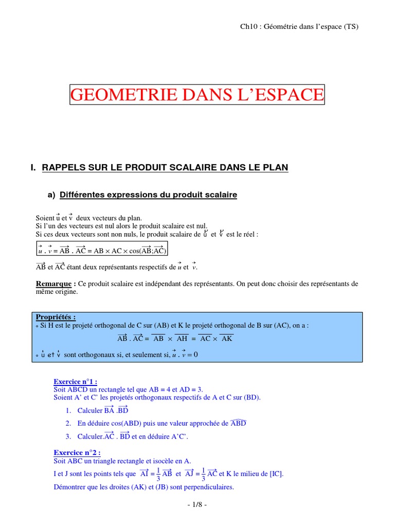 COURS10 Produit Scalaire Espace | PDF