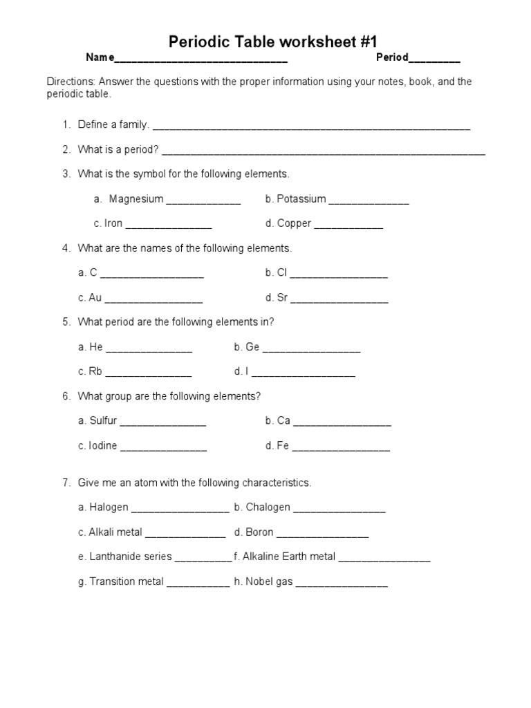 Perioidic Table Packet - 1 1 2 | PDF | Chemical Elements | Periodic Table