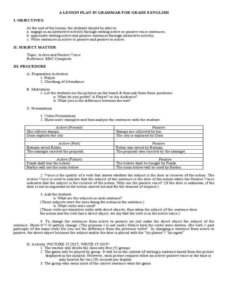 A Lesson Plan in Grammar For Grade 8 | PDF | Verb | Subject (Grammar)