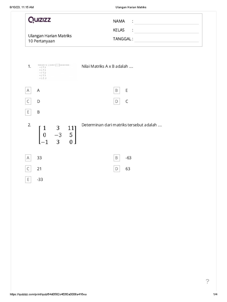 Ulangan Harian Matriks | PDF