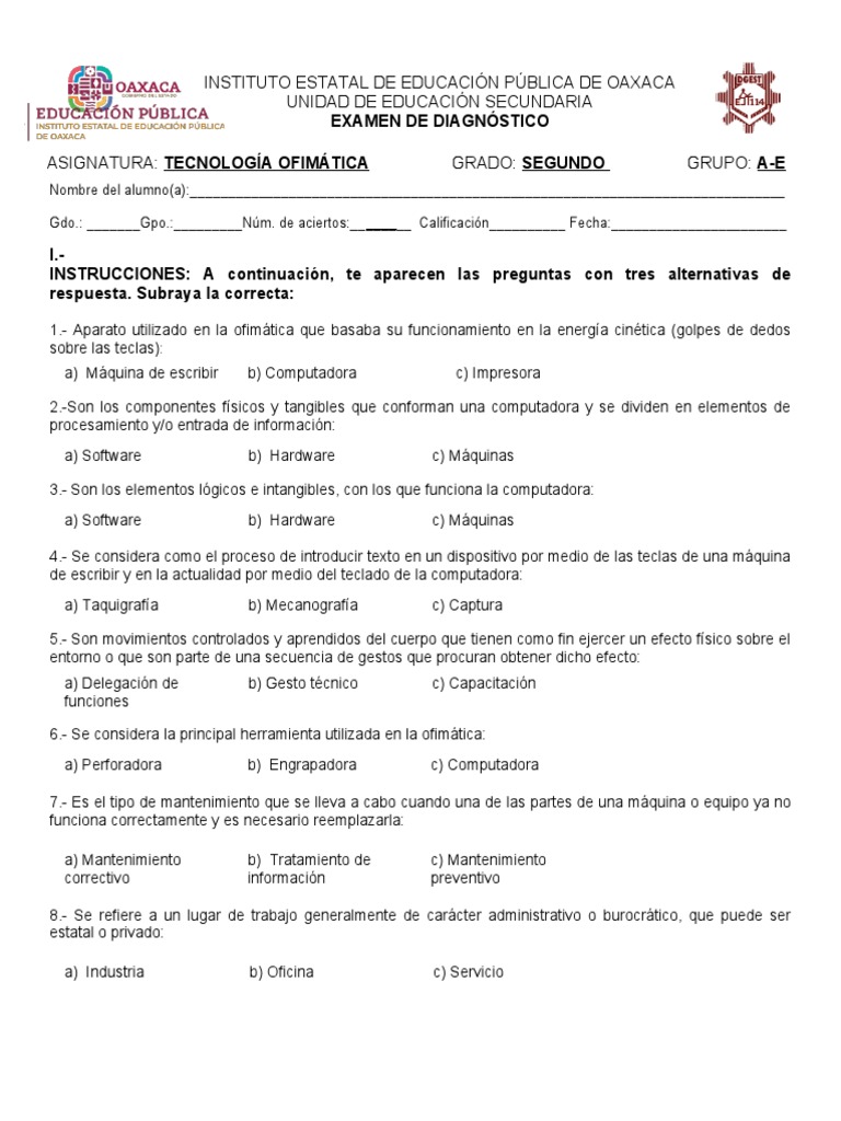 Examen de Diagnóstico Ofimática II | PDF | Hardware de la computadora | Taquigrafía