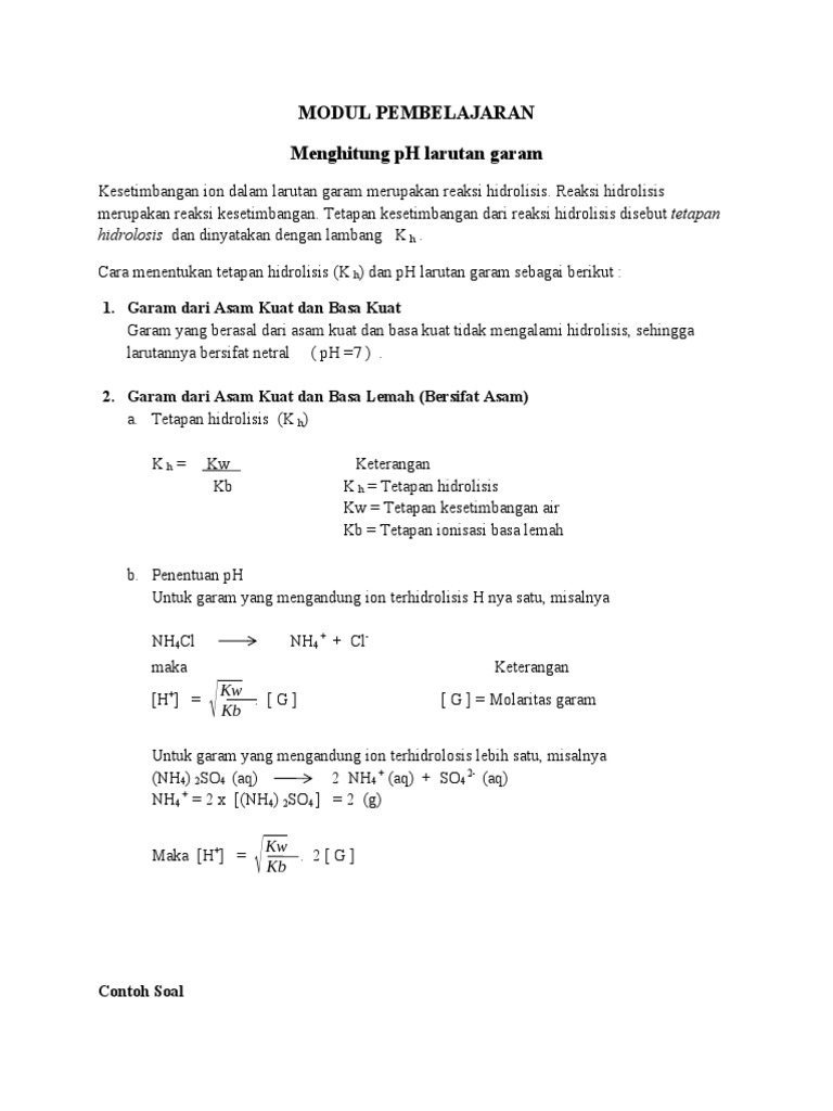 Bahan Ajar Menghitung PH Larutan Garam | PDF