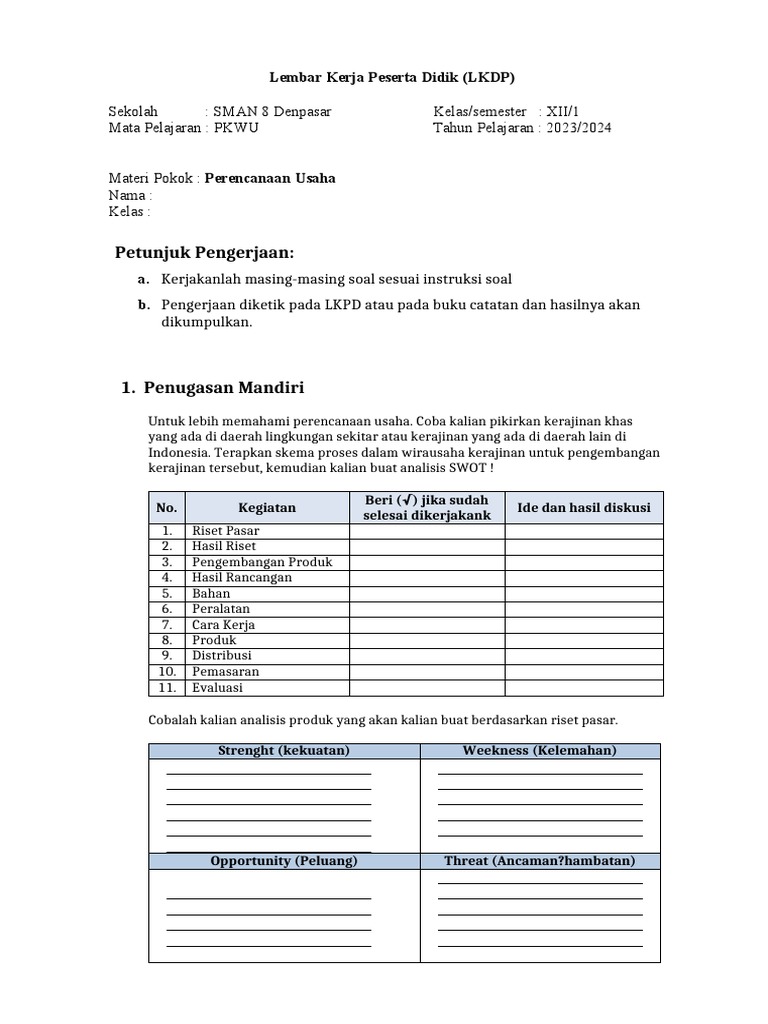 LKPD 1 - Perencanaan Usaha | PDF