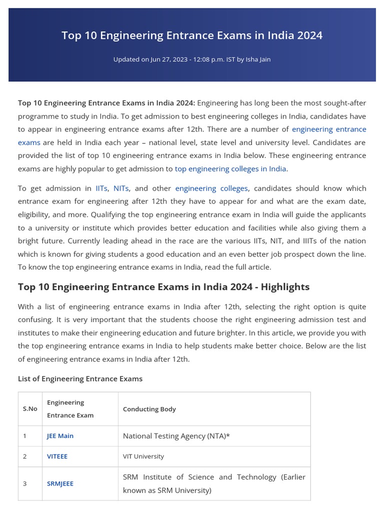 TOP 10 Engineering Entrance Test | PDF | University And College ...