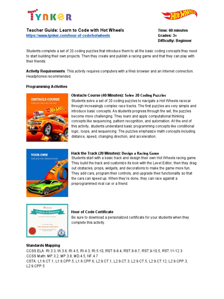 Tynker Hot Wheels Teacher Guide | PDF