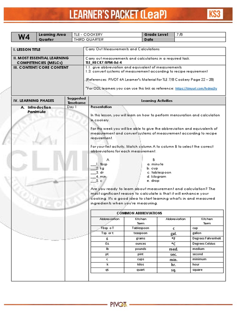 TLE Cookery: Measurement & Calculation | PDF | Gallon | Tablespoon