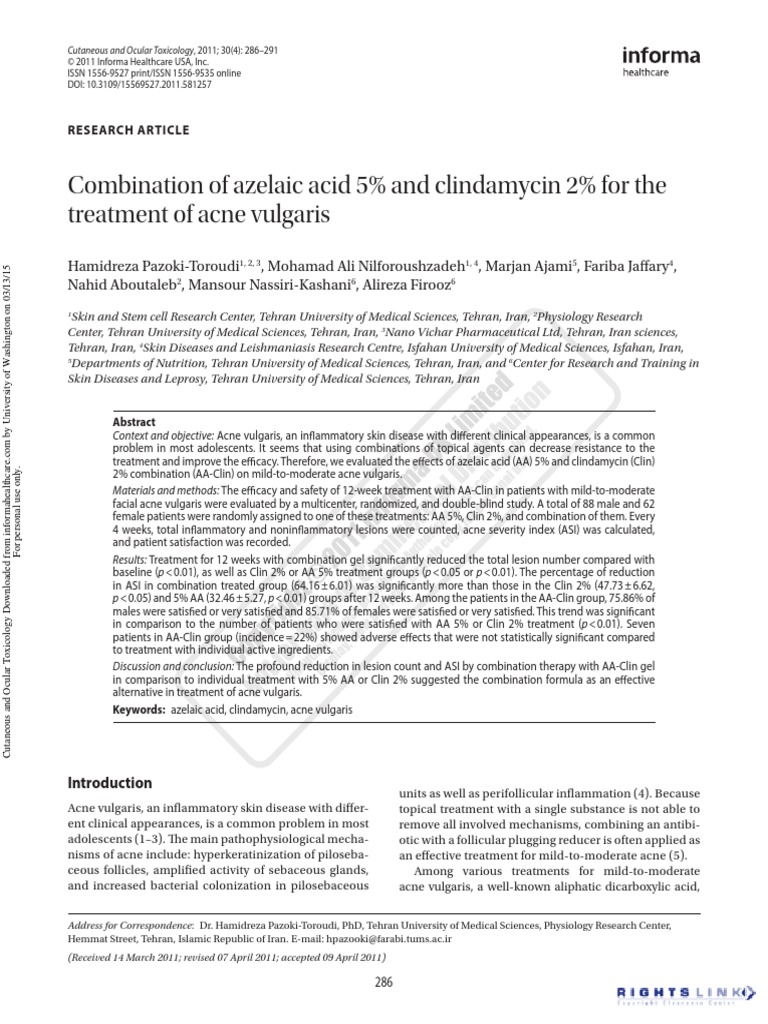 Combination of Azelaic Acid 5% and Clindamycin 2% For The | PDF ...