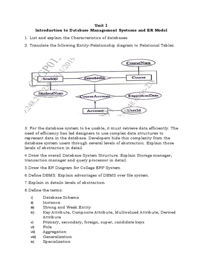 Question Bank Unit 1 - Introduction To Database Management Systems and ER Model | PDF