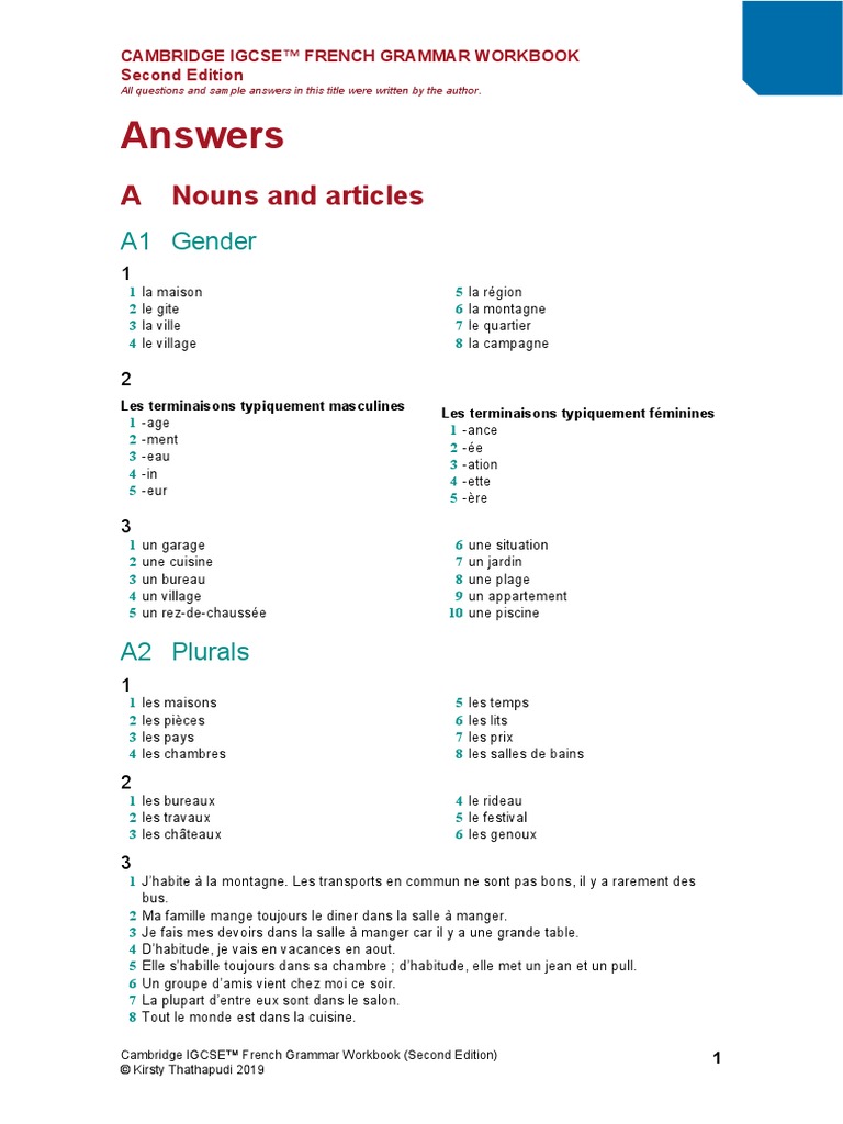 Cam IGCSE French Grammar WB Answers | PDF