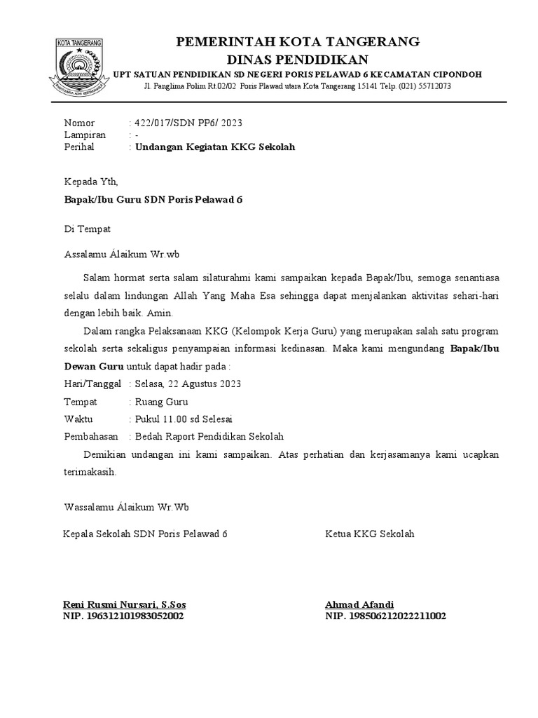 Surat Undangan KKG 22 Agustus 2023 | PDF