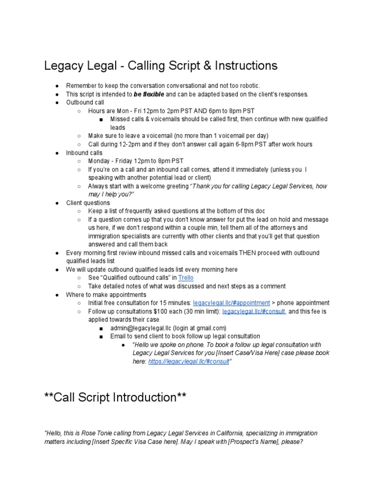 Legacy Legal - Calling Script & Instructions | Download Free PDF | Visa ...