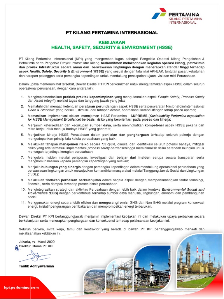 Kebijakan Health, Safety, Security & Environment (Hsse) : PT Kilang Pertamina Internasional | PDF