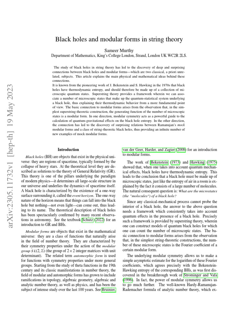 Black Holes and Modular Forms in String Theory: Sameer Murthy | Download Free PDF | String ...