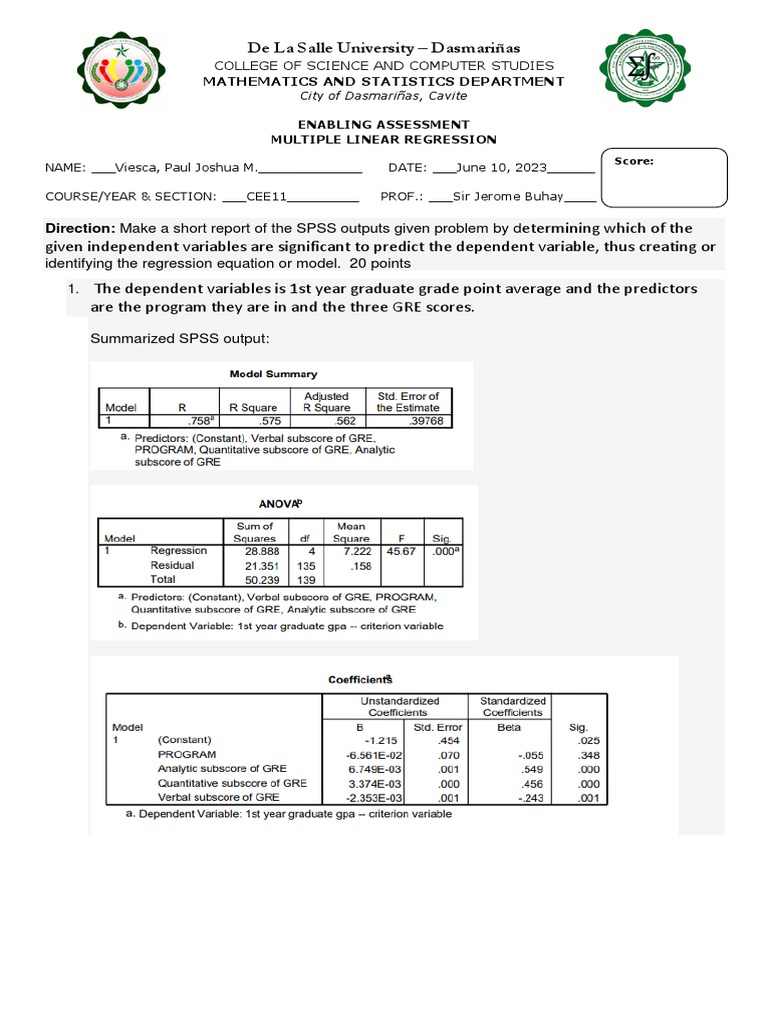 Multiple Linear Regression Analysis of GPA | PDF | Teaching Methods & Materials